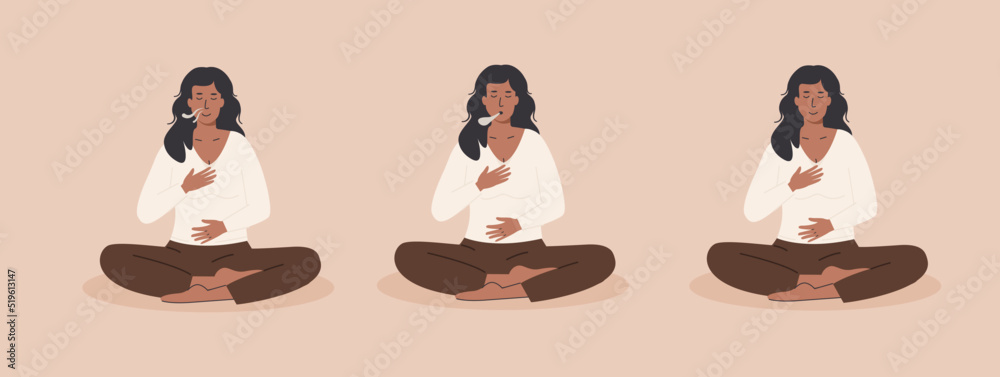 Energy practice. Black woman exhaling and inhaling. Young female doing ...