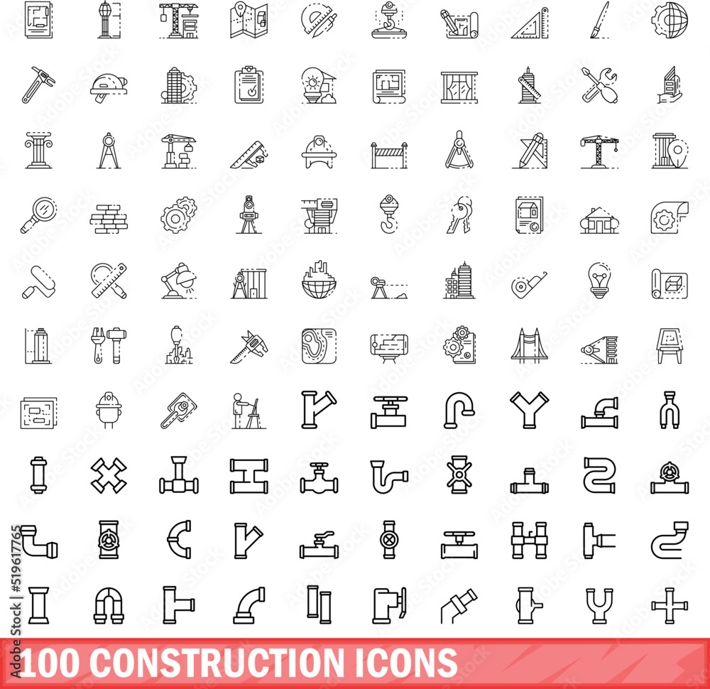 100 construction icons set. Outline illustration of 100 construction ...