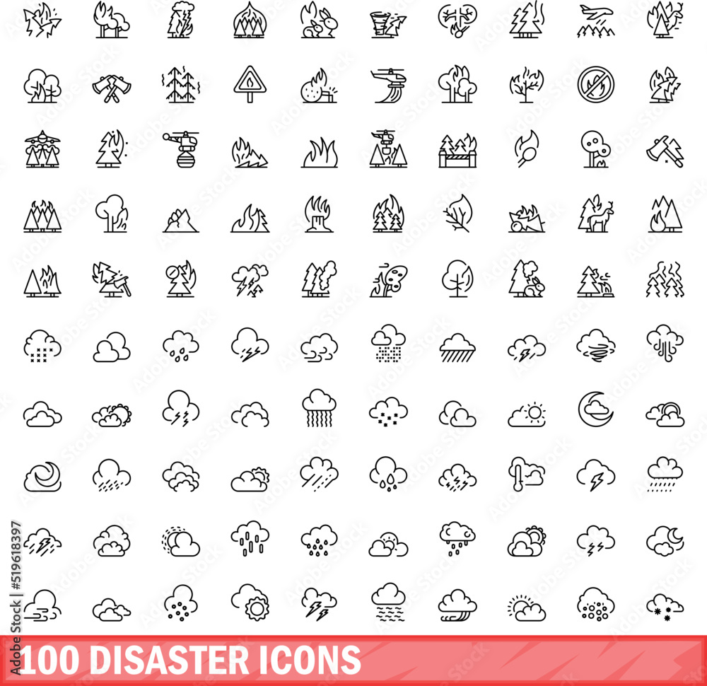 100 disaster icons set. Outline illustration of 100 disaster icons ...