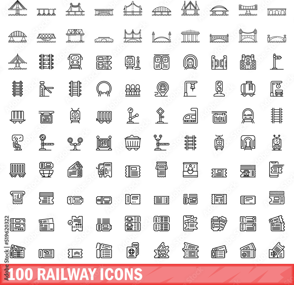 100 railway icons set. Outline illustration of 100 railway icons vector ... 100 railway icons set. Outline illustration of 100 railway icons vector ...