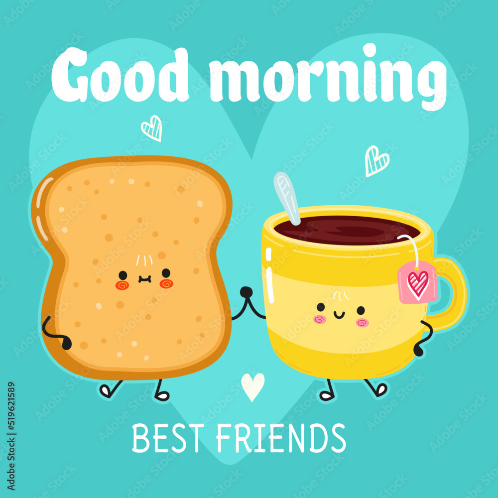 Cute happy cup of tea and toast card. Vector hand drawn doodle style ...