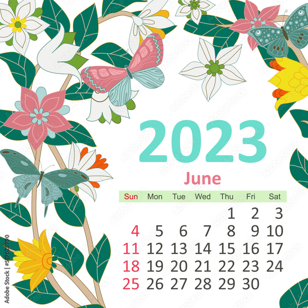 floral calendar 2023, june. colorful blooming frame with butterf Stock ...