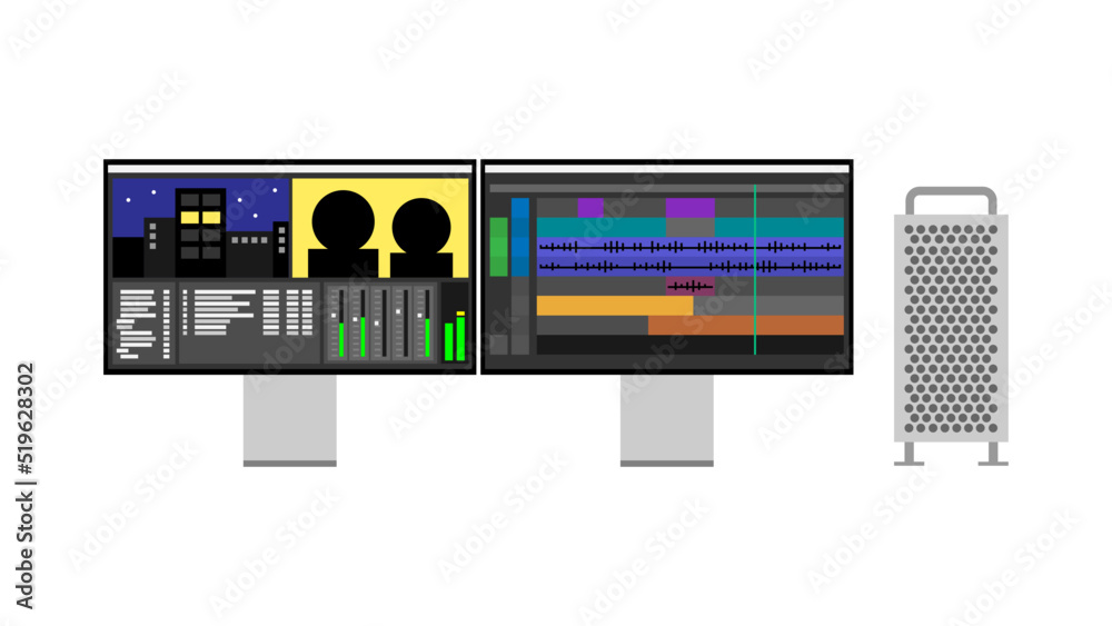 Video editing studio with two big monitors and powerful computer ...