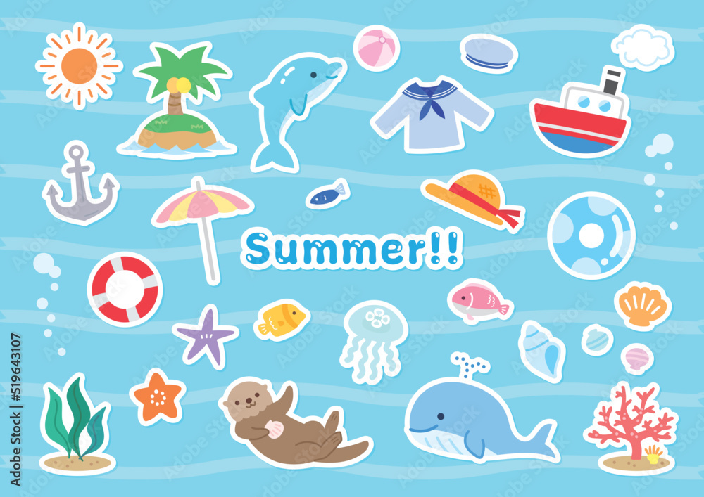 海のイラスト素材セット 夏 かわいい シール風 Stock ベクター | Adobe Stock