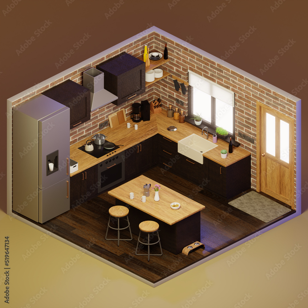 3D illustration of low poly kitchen with kitchen cabinets, island ...