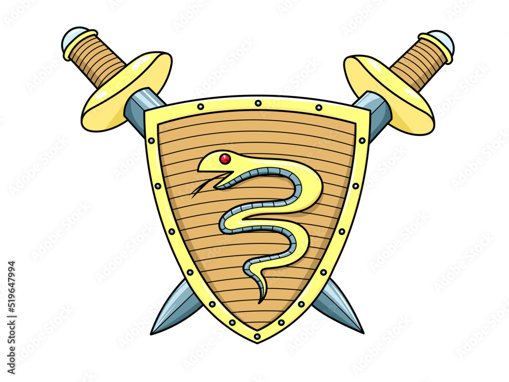 Shield with a golden serpent and two swords. Coat of arms of the fairy ...