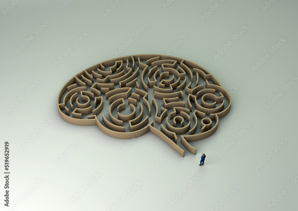 A man standing at the entrance to a maze in the shape of a human brain ...