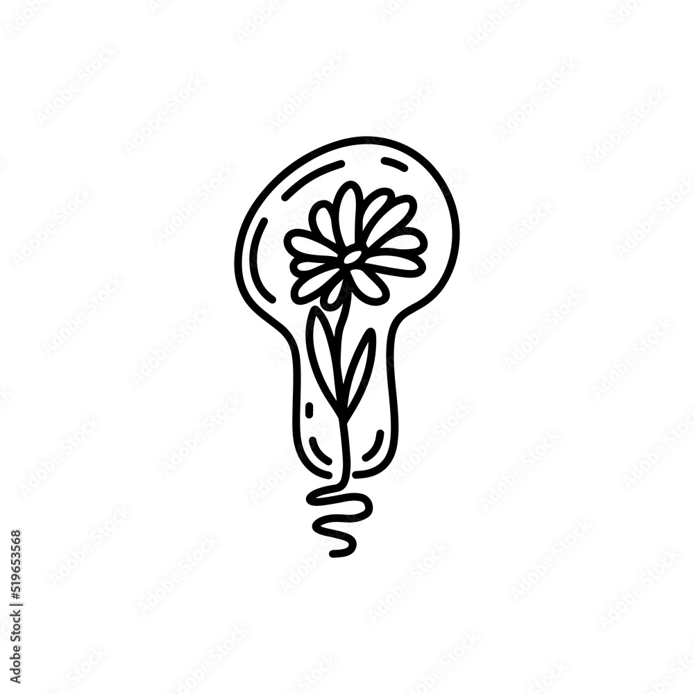 Hand drawn outline daisy flower in light bulb. Vector illustration ...