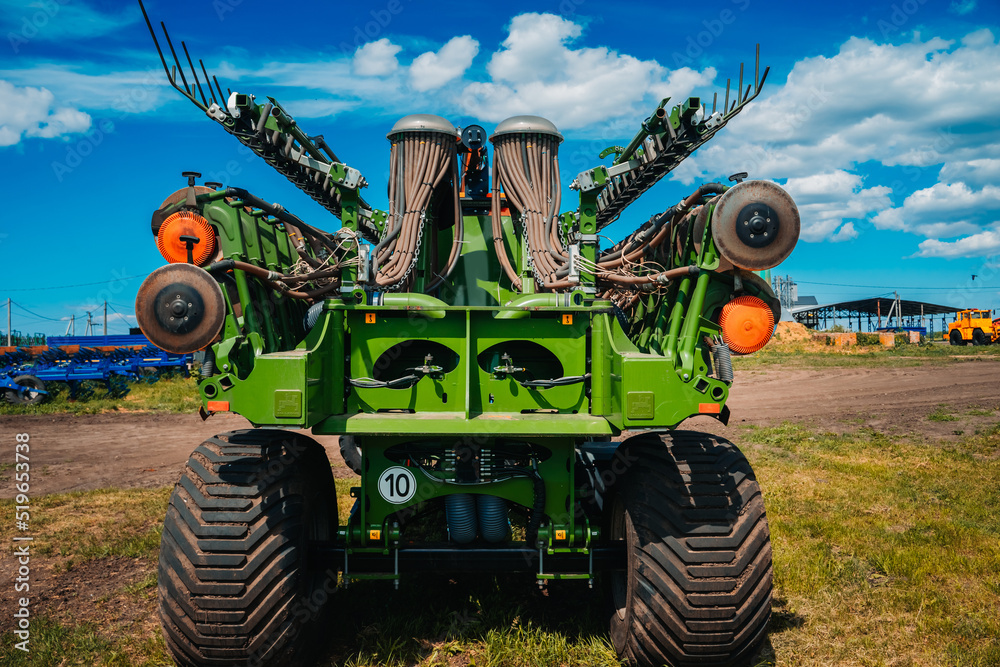 Row seed drill grain. Seed sowing device. Agricultural activity. Modern ...