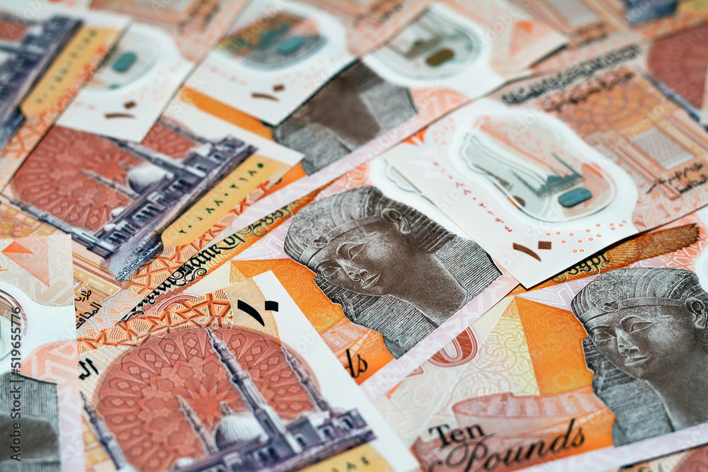Pile of the new first Egyptian 10 LE EGP ten pounds plastic polymer ...