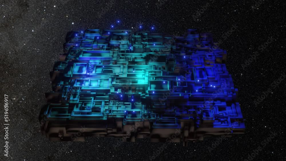 Sci-Fi abstracted space ship moving multiple cubes and emitted blue ...