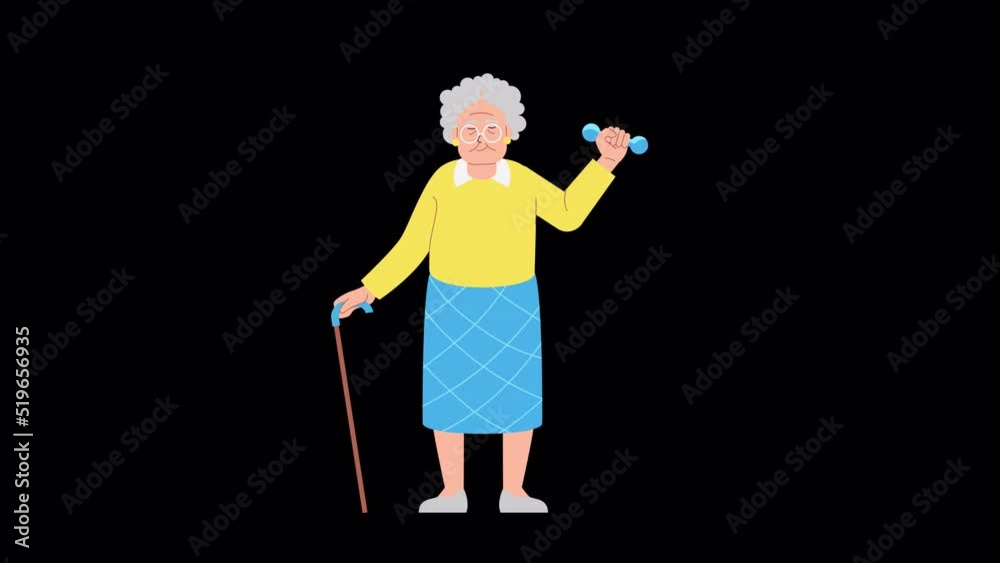 Old lady doing exercises animation ALPHA channel. Sport, active life ...