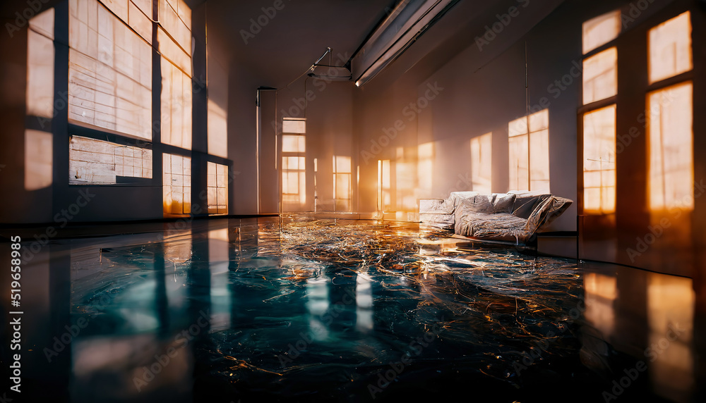 The interior of an abstract room with large panoramic windows, multi ...