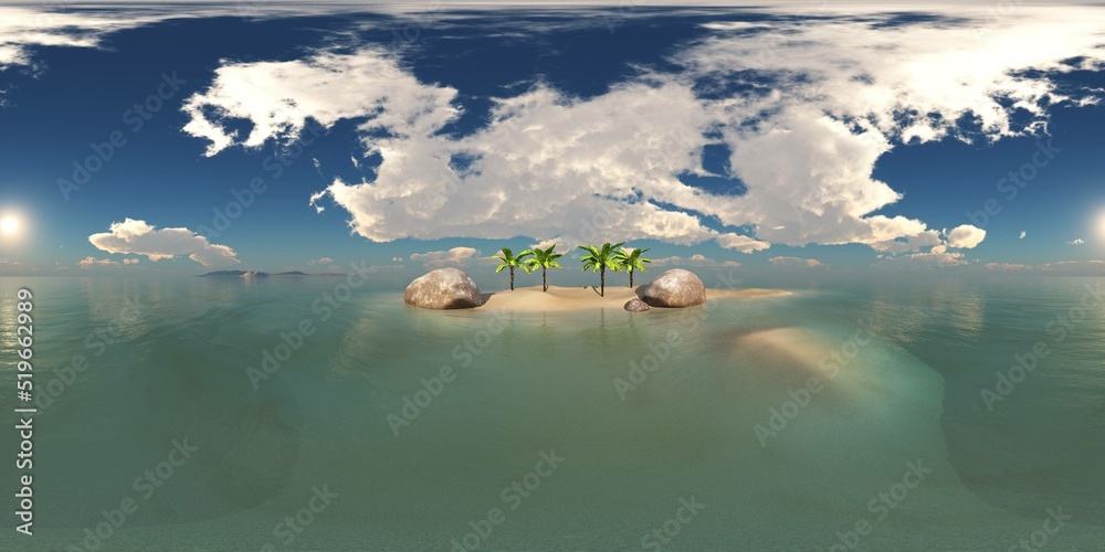 Tropical island with a palm tree at sunset. HDRI, environment map ...