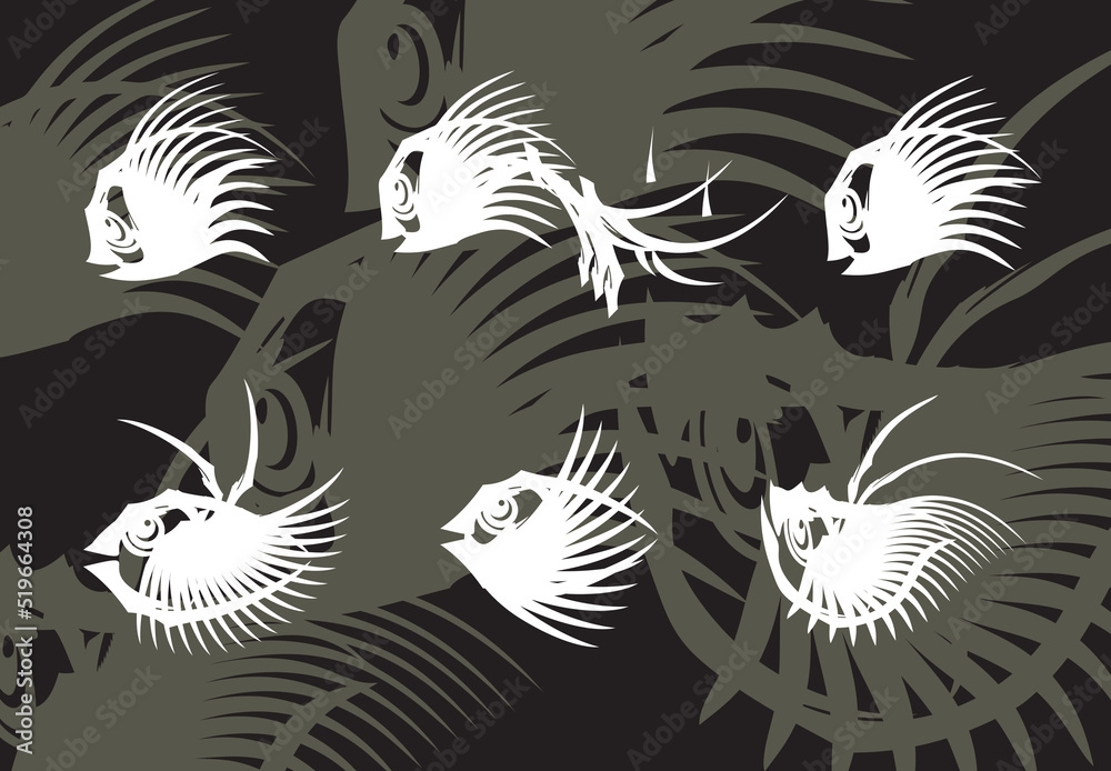 White fish symbols on a dark background for emblems. Laconic fish icons ...
