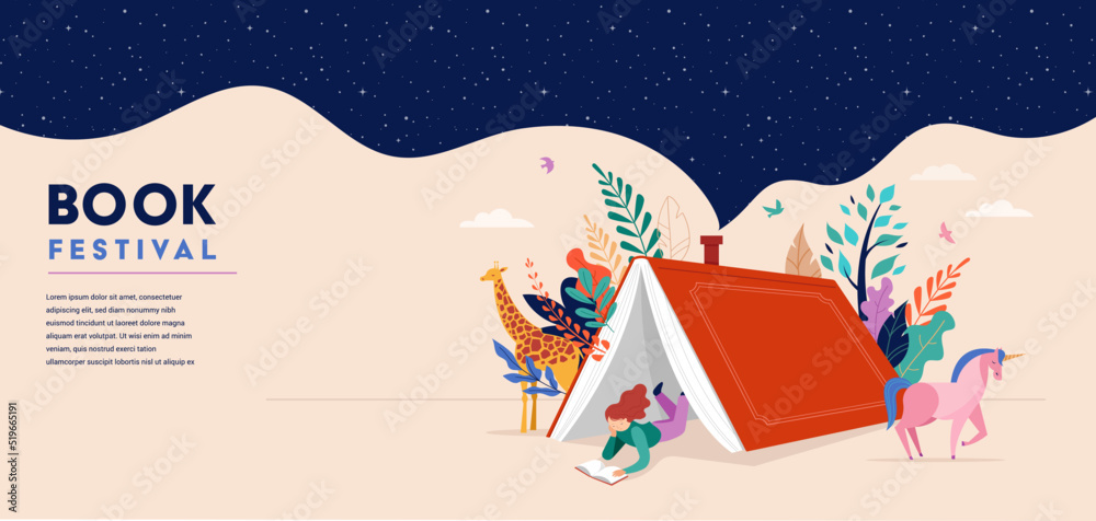 Book festival concept. Little girl reading in the open huge book ...