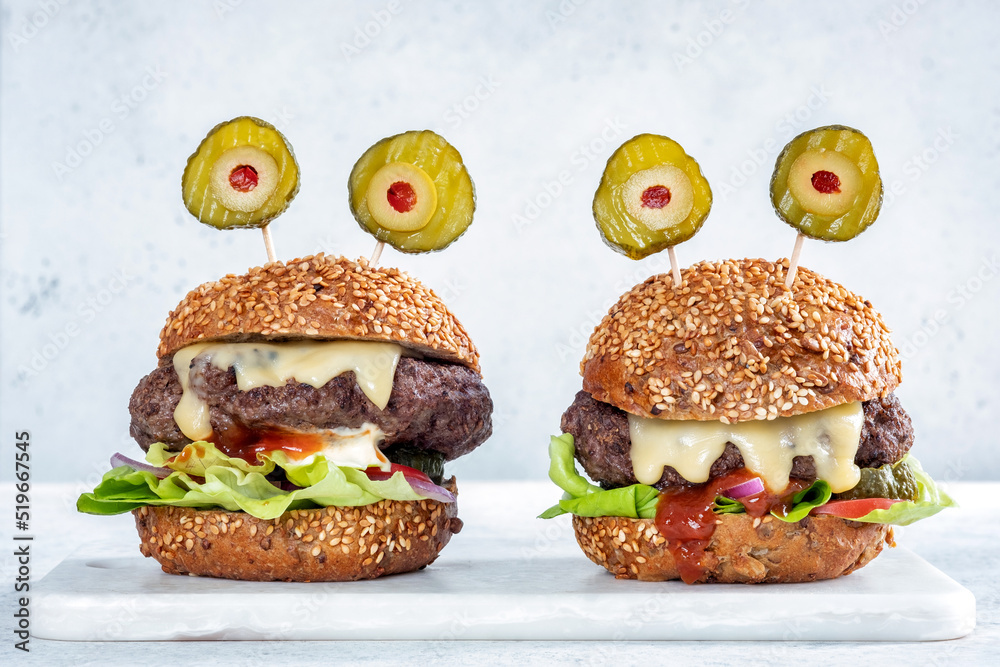 Halloween burger in shape of scary monster Stock Photo | Adobe Stock