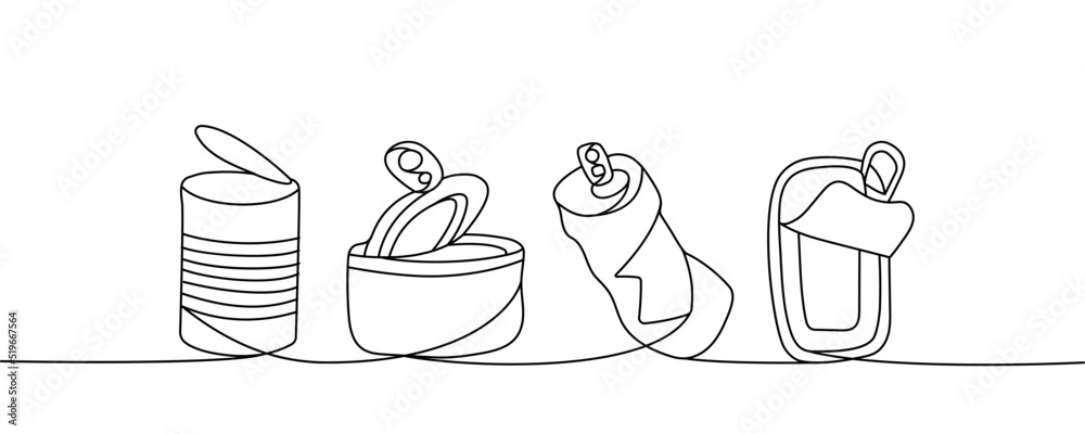Set of Aluminium cans one line continuous drawing. Metal waste, tin can ...
