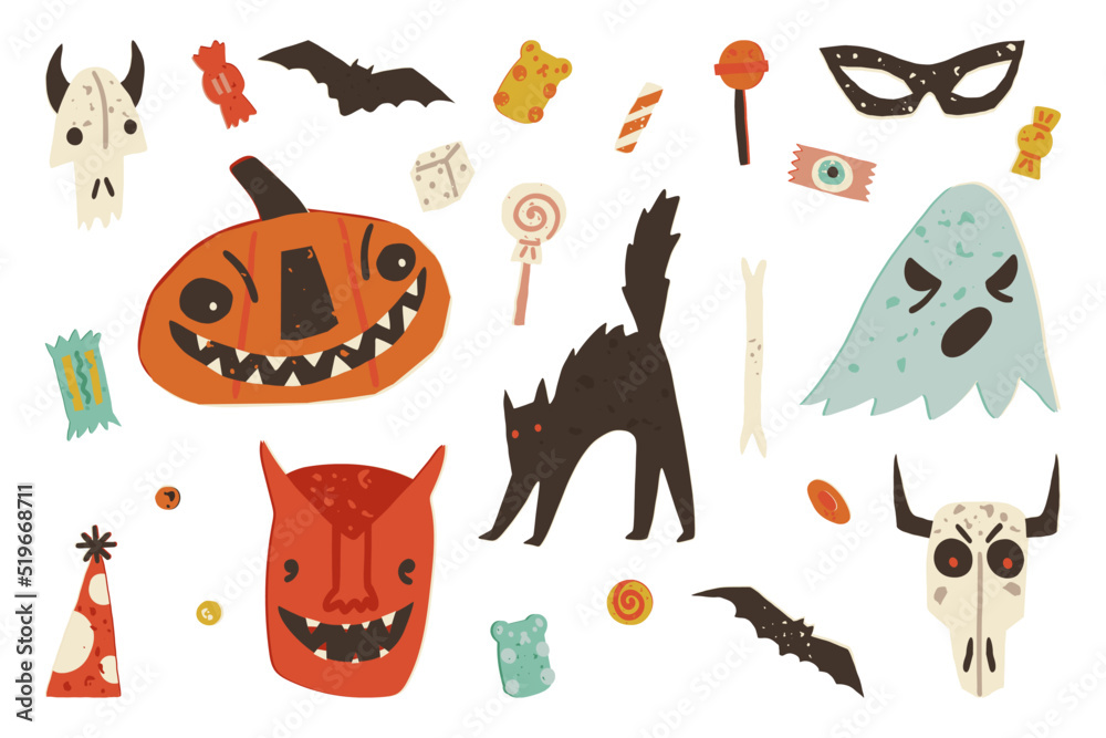 Retro Halloween clipart set. Spooky pumpkin, ghost, devil monster, the ...