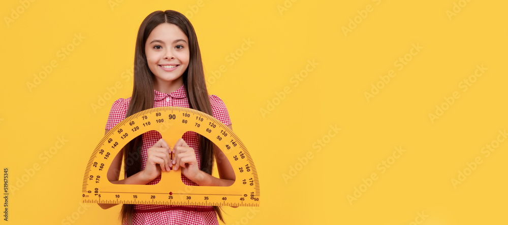 cheerful teen girl study math in school hold protractor ruler. Portrait ...