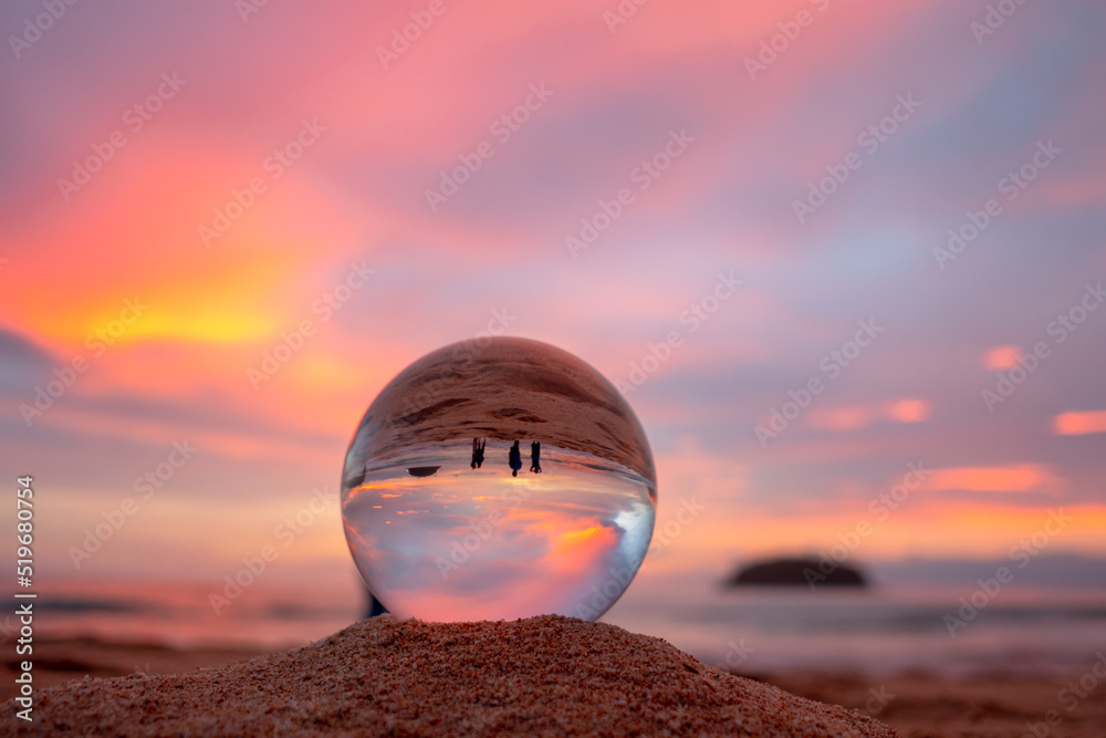 .view of beautiful nature at sunset inside crystal ball..stunning ...