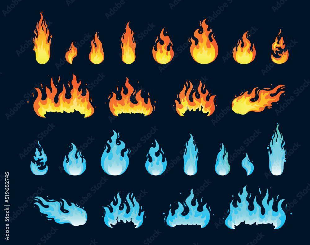 Set of fire icons. Different types of red and blue flames. Magic and ...