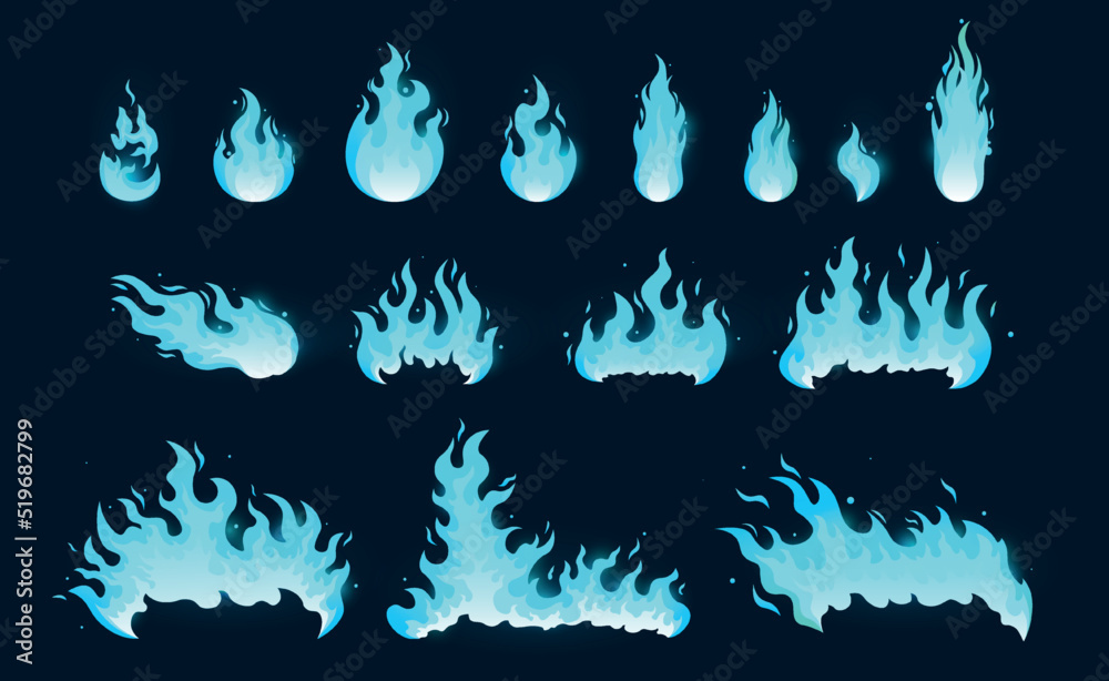 Set of blue burning fire. Flame stickers of various shapes. Design ...