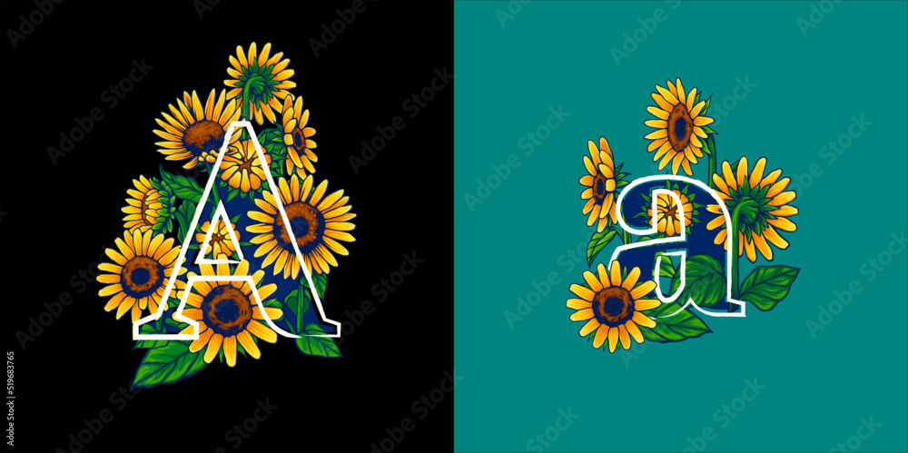 Summer Themed Letter A Illustration with Sunflower Hand Drawn Stock ...