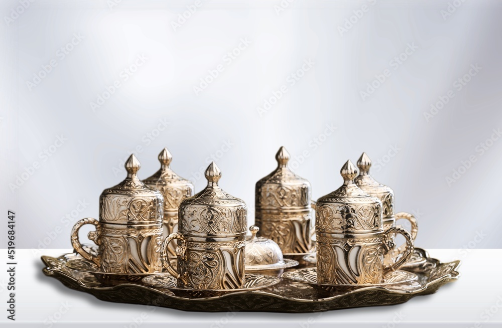 Dallah Arabic Coffee traditional set in Ramadan. Saudi Coffee Dallah ...