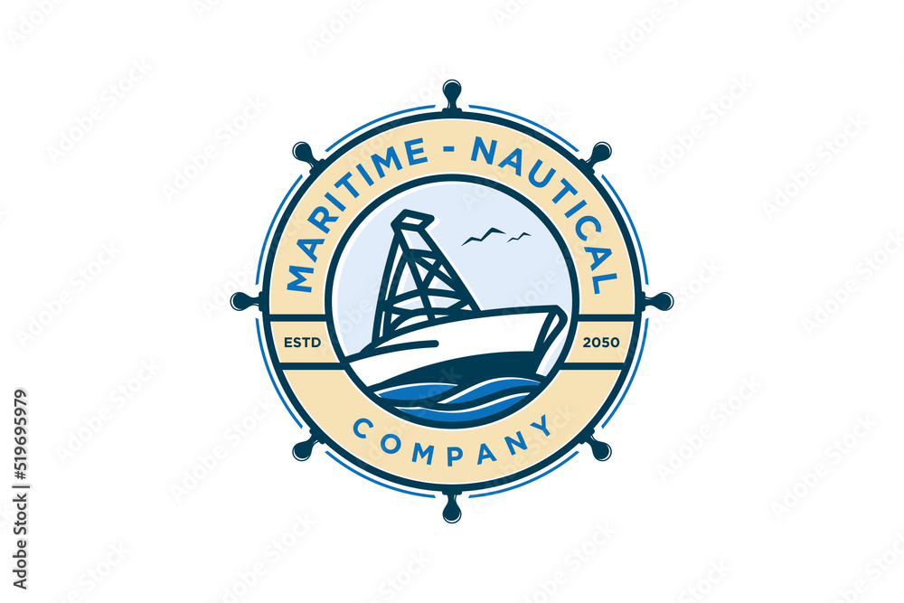Maritime boat nautical logo design rounded shape steering wheel icon ...