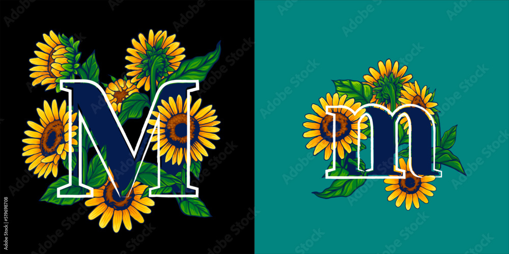 Summer Themed Letter M Illustration with Sunflower Hand Drawn Stock ...