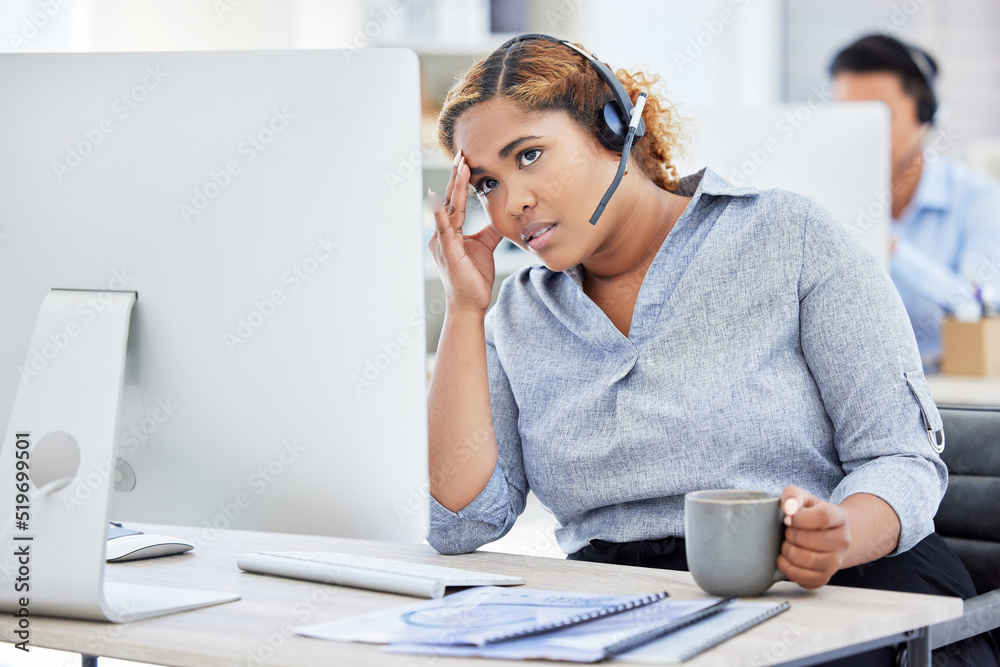 Tired, frustrated and stressed call center agent with a headache while ...