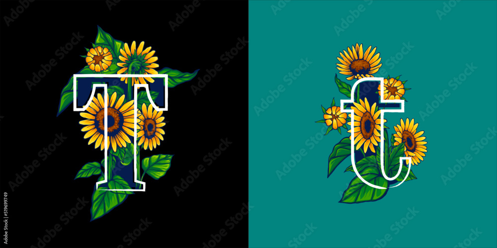 Summer Themed Letter T Illustration with Sunflower Hand Drawn Stock ...
