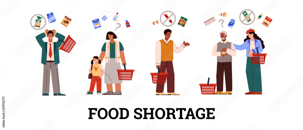 Food crisis and shortage, sad people in supermarket, flat vector ...