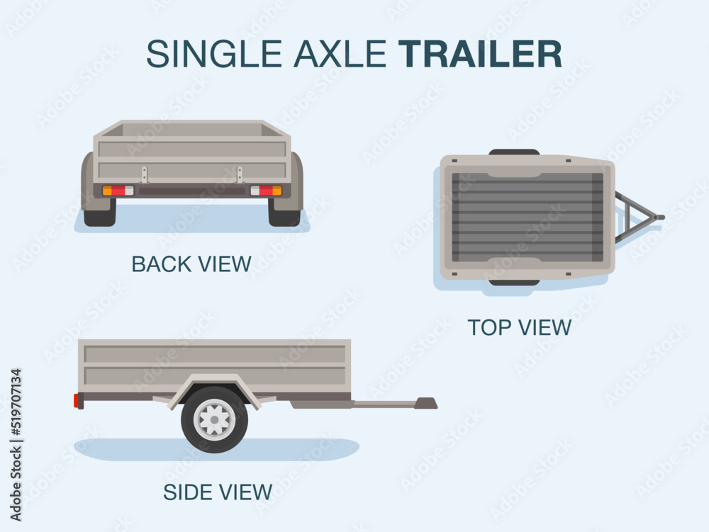 Isolated back, side and back view of a single axle car trailer icon set ...