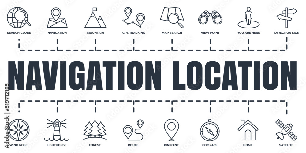 Navigation, location banner web icon set. home, pinpoint, direction ...