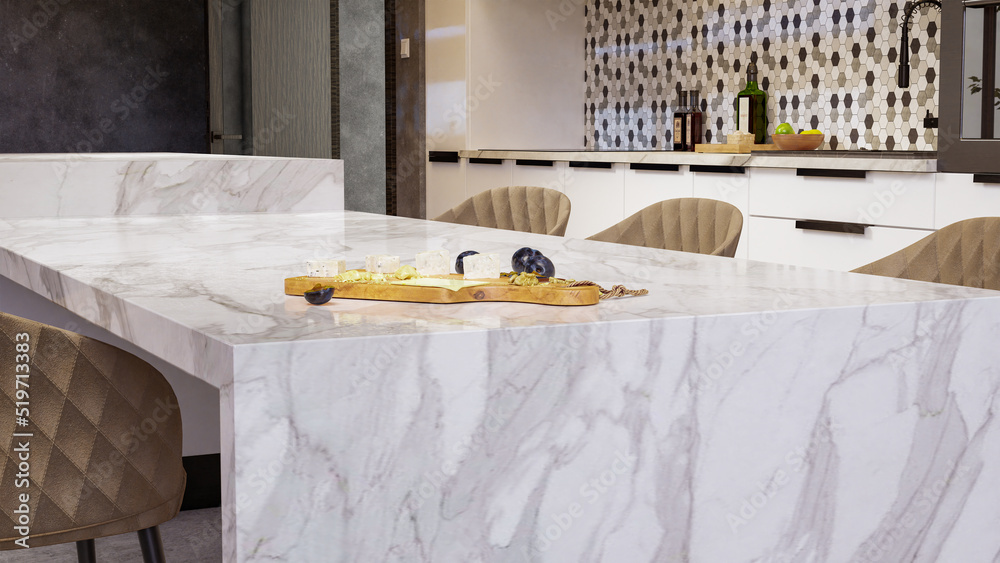 modern interior design of the kitchen island decorated with marble ...