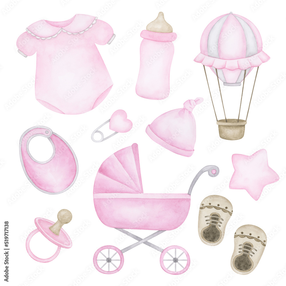 Baby girl newborn accessories clipart collection. Watercolor hand drawn ...