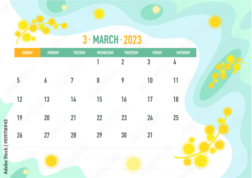 March month. Business calendar for 2023. Calendar layout. The week ...