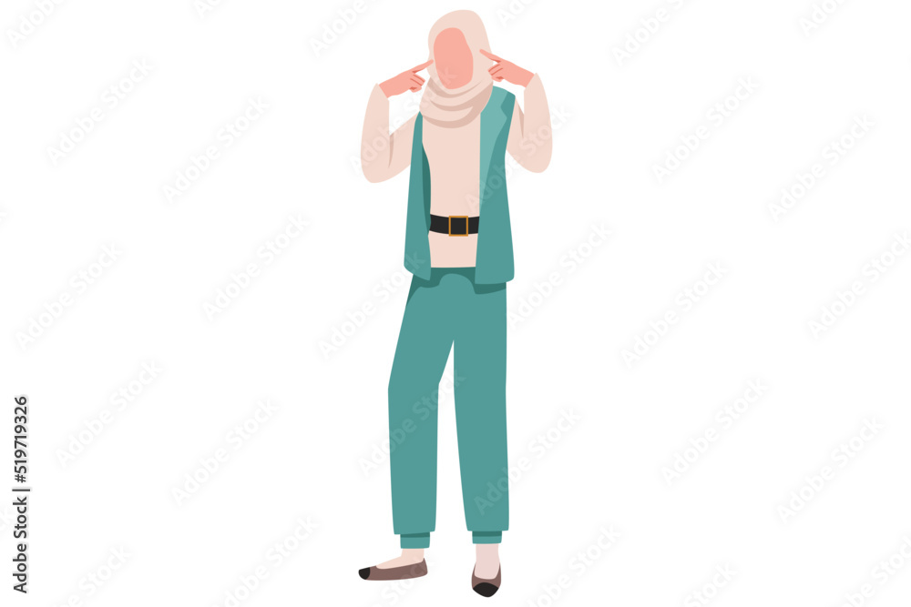 Business design drawing stressed Arab businesswoman covering ears with ...