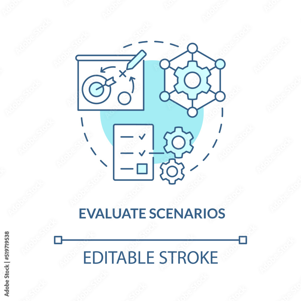 Evaluate scenarios turquoise concept icon. Operational metrics. Supply ...