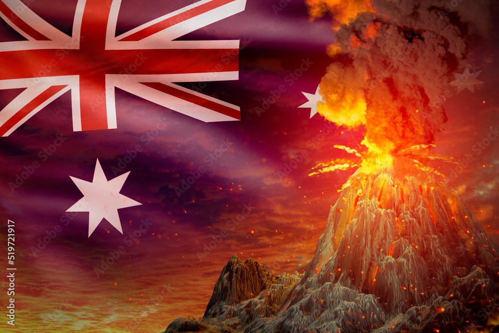 high volcano blast eruption at night with explosion on Australia flag ...