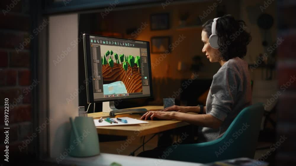 Female Video Game Designer Works on a New 3D Level on Her Personal ...