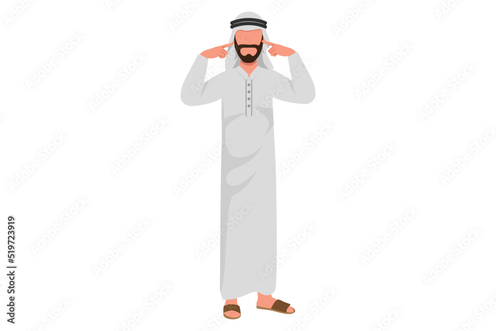 Business design drawing stressed young Arab businessman covering ears ...