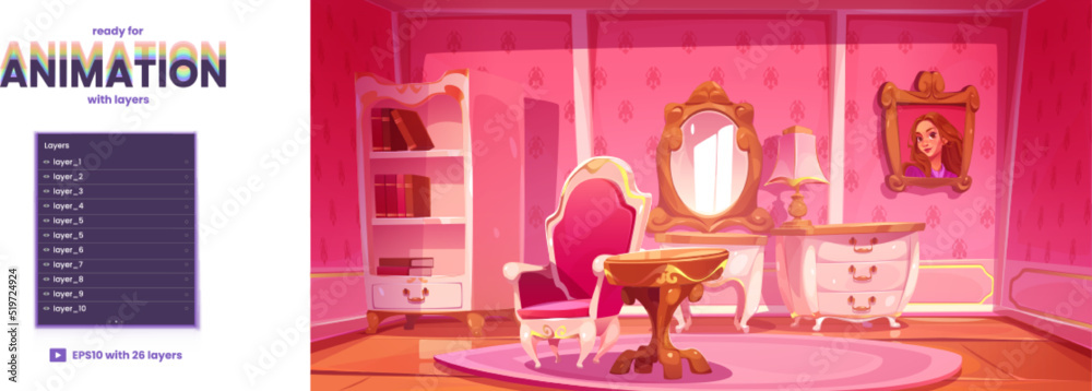 Princess room interior with pink walls in palace or castle. Vector ...