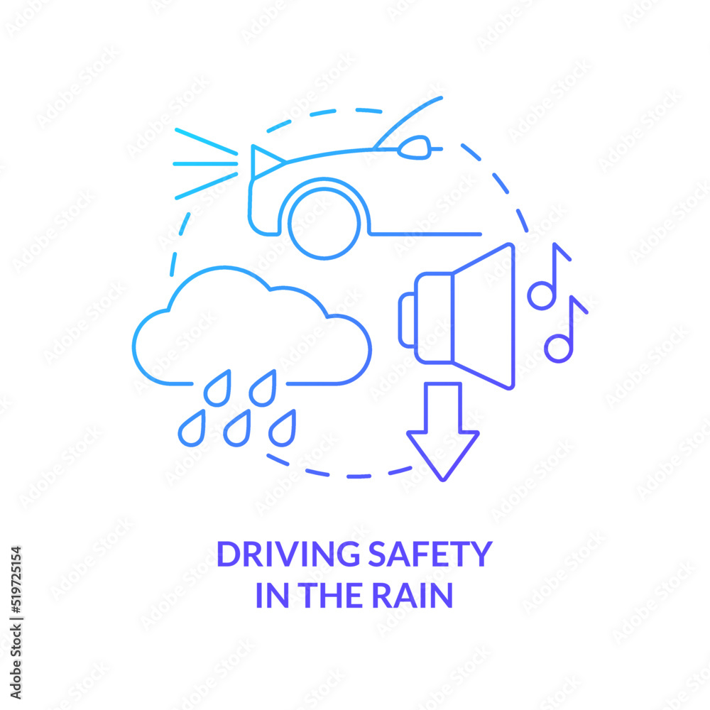 Driving safety in rain blue gradient concept icon. Radio volume off ...
