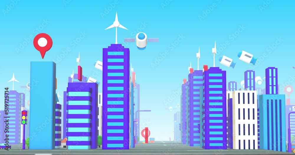Cartoon Smart City 3D Animation. Perfect Loop. Technology And Smart ...