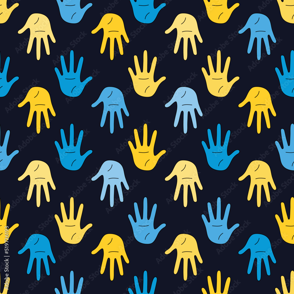 handprints seamless pattern in the colors of the flag of Ukraine ...