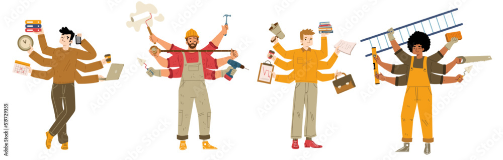 Diverse people with many hands. Multitask, workaholic with multiple ...