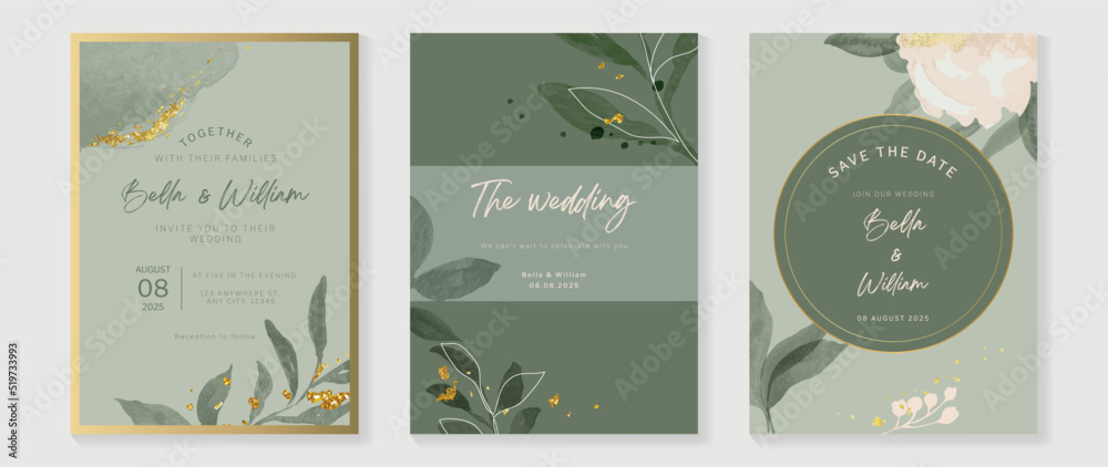 Luxury botanical wedding green invitation card template. Watercolor ...